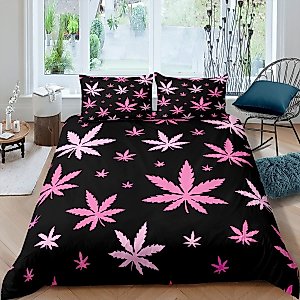 Feelyou Marijuana Leaves Bedding Set Pink Cannabis Leaves Duvet Cover for Kids Boys Girls Botanical Hemp Comforter Cover Luxury Black Girly Decor Bedspread Cover Room Decor 3Pcs Queen Size,Zipper