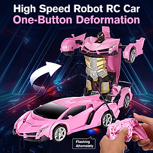 JOYOFUN Remote Control Car Hobby RC Transformer Cars Robot Toy High Speed Transforming 2.4Ghz 1:18 Scale 360° Rotating Drift for Girl Kid Teen Boy - Pink