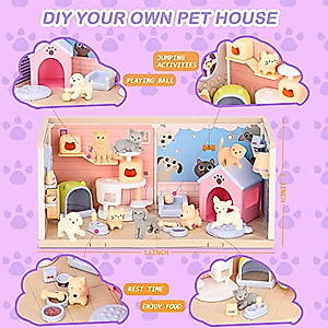 TQQFUN Cat and Dog Pretend Playset for Kids, 50Pcs Pet Figurines Toys, Toddlers Stem Building Pet Dollhouse Montessori Toy, Cat Condo for Boys and Girls