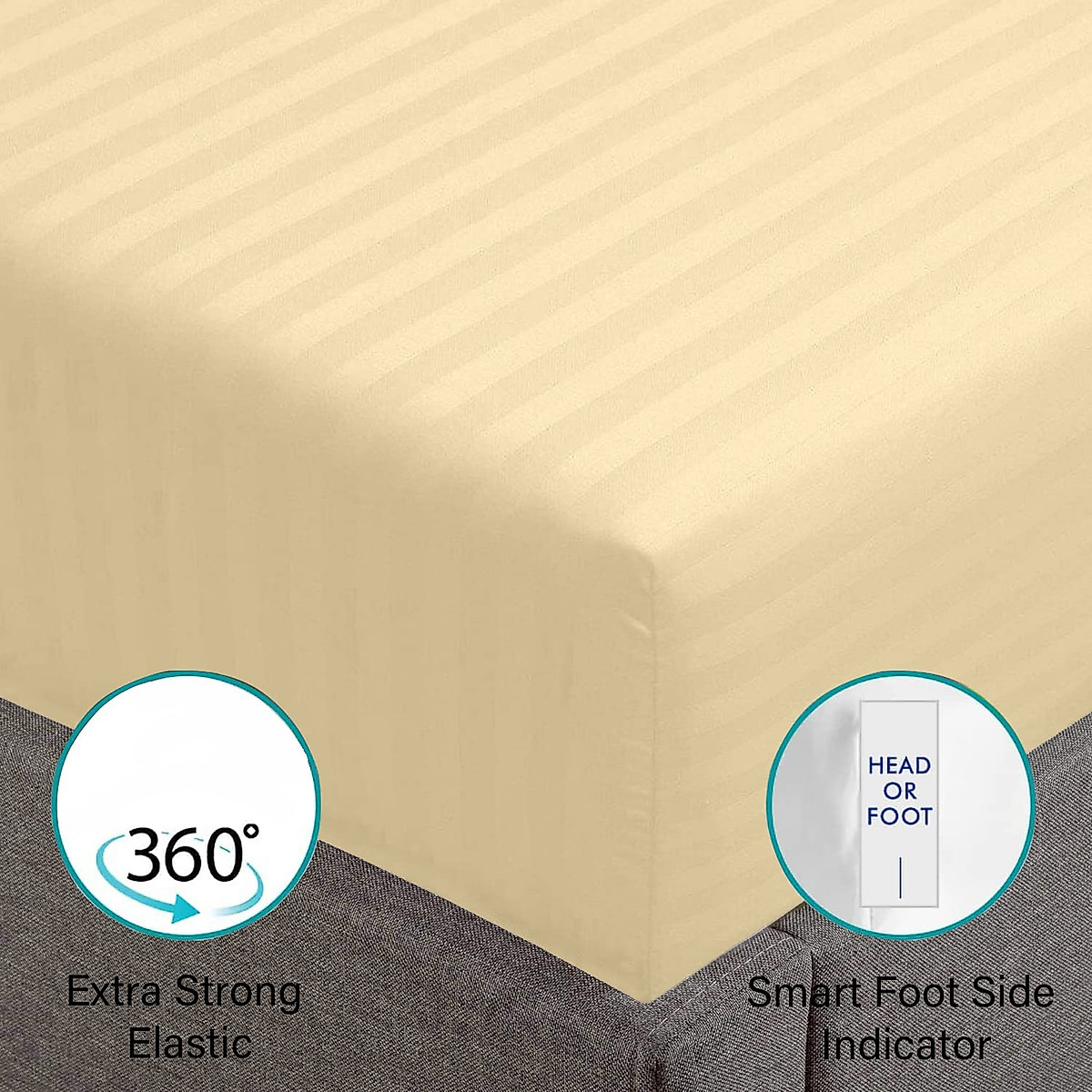 Feather & Stitch Queen Size Damask Bed Sheets|100% Soft Cotton, 4 Pc Set 500 TC Sateen Weave - 1 Flat Sheet, 1 Fitted Sheet & 4 Pillow Cases - Semolina