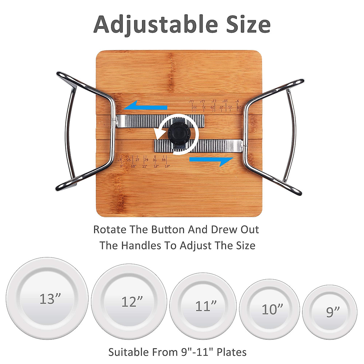 E-ROOM TREND Dish Holder SS304 1 Pack Large Square Size for 9" to 13" Plates Organizer Upgrade Thicken Bamboo Adjustable Size Easy Carried Handles Storage Rack for RV Cabinets Shelf Countertop (A017)