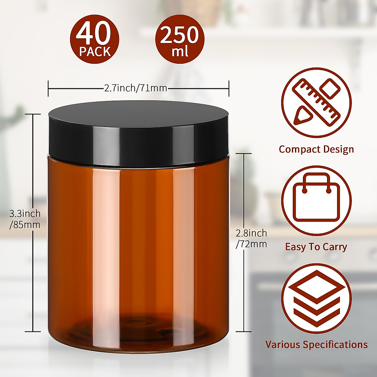 Tanlade 40 Pcs Amber Plastic Jars with Lids Round Cosmetic Containers Amber Jars Refillable Containers for Powder Liquid Food Storage Kitchen Cosmetic Lotion Ointments Creams Essential Oil (8 oz)