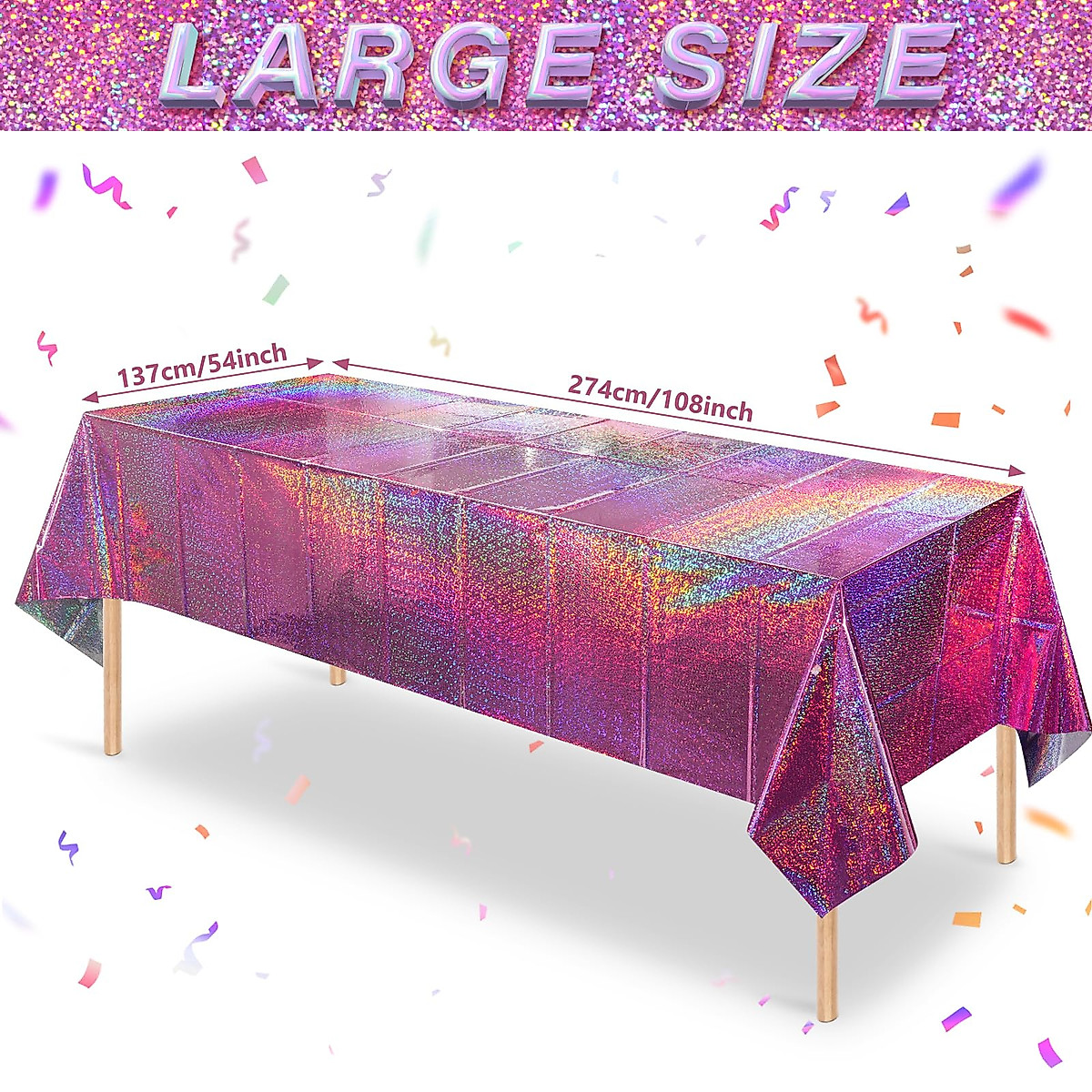 FunnyPars 3 Pack Pink Iridescent Table Cloth for Parties, Pink Plastic Shiny Laser Table Covers, Disposable Holographic Foil Tablecloth Iridescent Party Decorations for Girl Birthday Wedding, 54x108