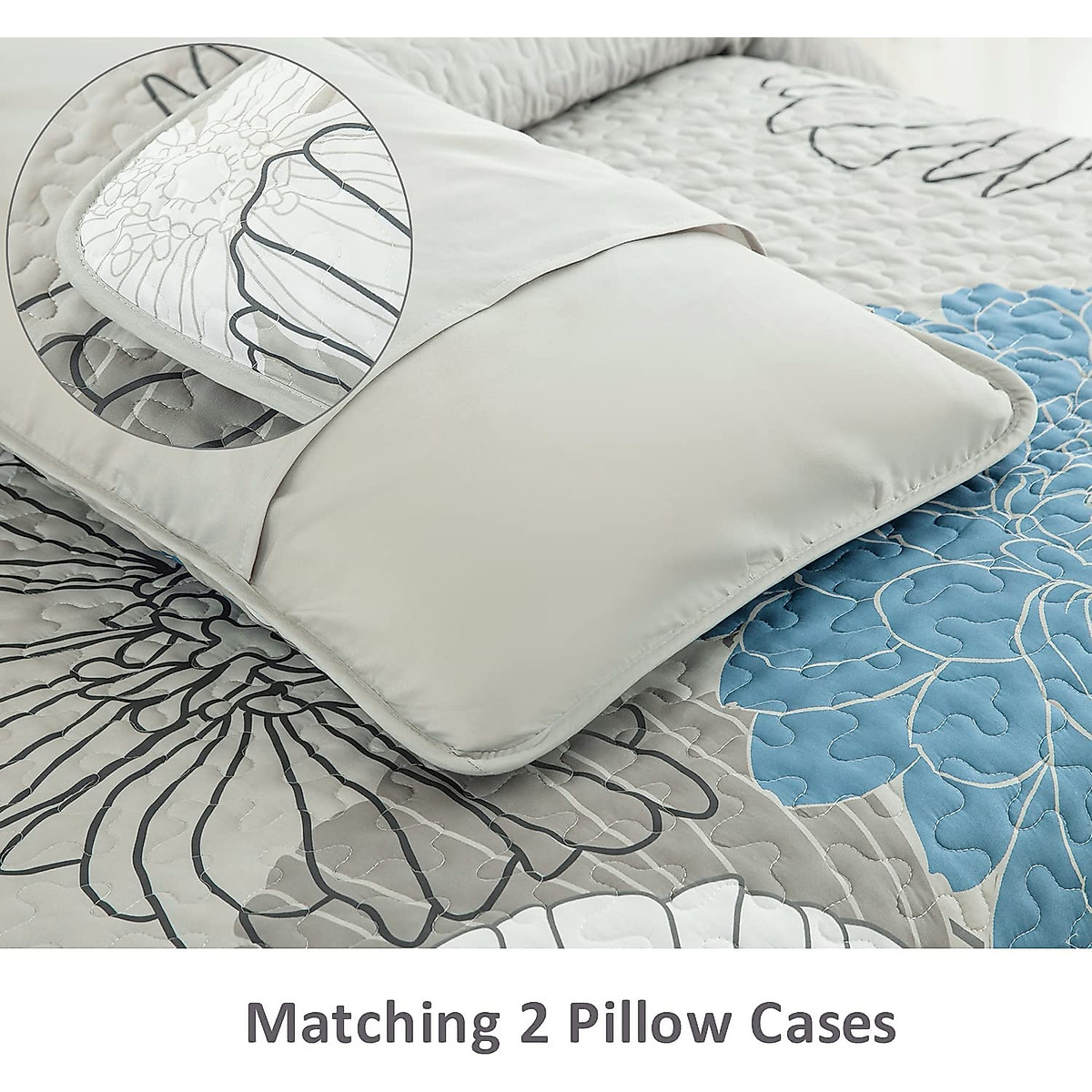 Blue Floral Pattern Queen Size Quilt Set - 3 Pieces Quilt Coverlet Elegant Bohemian Bedspread with 2 Pillowcases Soft Lightweight Bedding Quilt Set for Adults (Blue,90"x90")