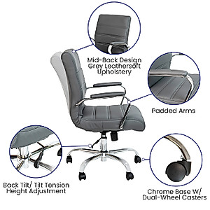 Flash Furniture Whitney Mid-Back Swivel LeatherSoft Desk Chair with Padded Seat and Armrests, Adjustable Height Padded Office Chair, Gray/Chrome