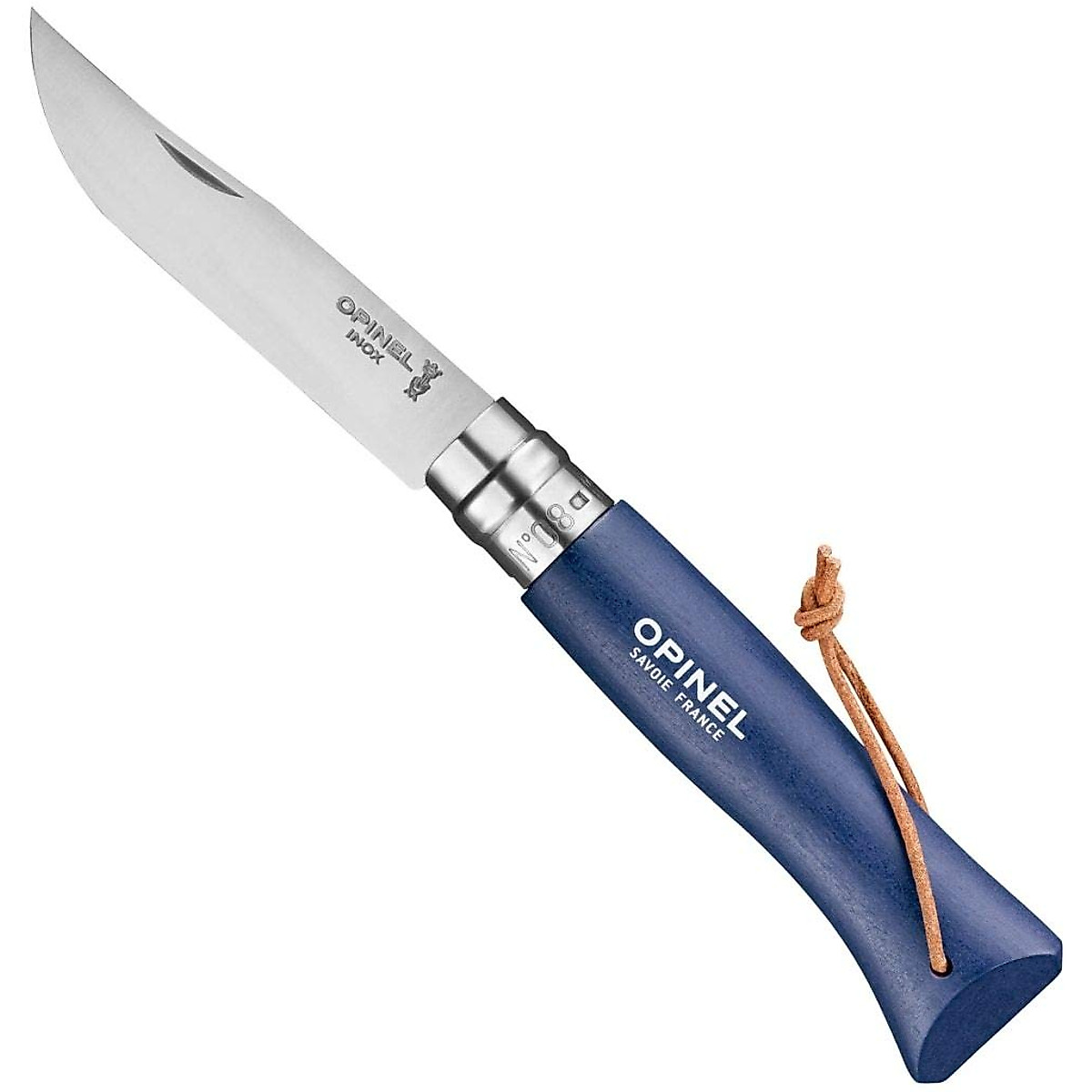 Opinel Colorama Series No. 8 - Stainless Steel Everyday Carry Folding Pocket Knife with Leather Strap, Painted Hornbeam Handles, Deep Blue