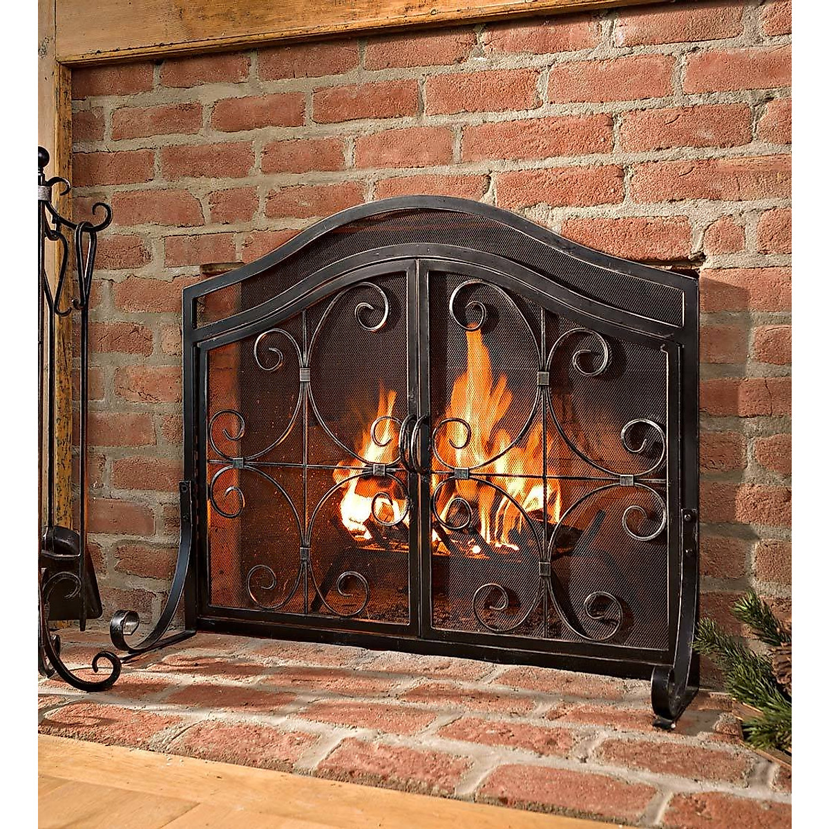Plow & Hearth Metal Fireplace Screen Crest Arch Black | 44" W x 33" H | 2 - Door | Spark Guard Indoor Grate | Iron Fire Place Cover | Wood Burning Stove Decorative Accessories
