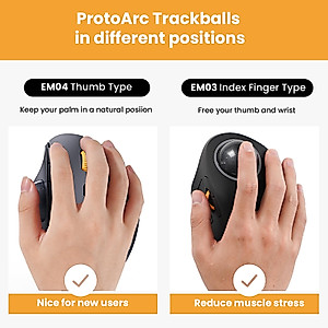 ProtoArc Wireless Trackball Mouse, Bluetooth Mouse Rechargeable Computer Laptop Mouse, 3 Device Connection&, Compatible for PC, iPad, Mac, Windows-Black