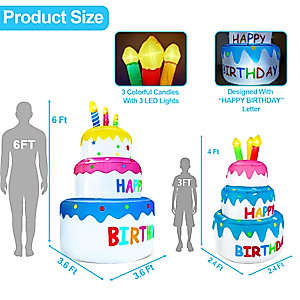 4 Ft Inflatable Happy Birthday Cake Decorations Outdoor Lighted Blow Up Holiday Birthday Party Decor with Candles 6 LED Lights for Indoor Home Celebration Garden Lawn Yard Prop Sign