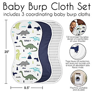 Sweet Jojo Designs Blue and Green Dinosaur Baby Boy Absorbent Burp Cloths for Infant Newborn - Grey Modern Boho Mod Dinosaurs - 3 Pack Set of Dribble Drool Cloths