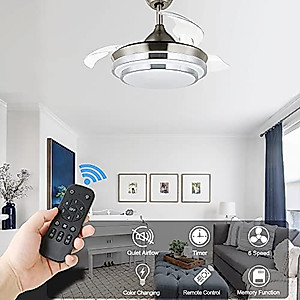 FebFurniture 36" Retractable Ceiling Fan with Lights, Modern Ceiling Fan with Retractable Blades, Silent Motor, 3 Light Color Change, Brushed Nickel