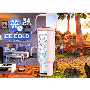 Meoky 40 oz Tumbler with Handle and Straw, Insulated Water Bottle, Stainless Steel Travel Mug, Keeps Cold for 34 Hours, 100% Leak Proof, Fits in Car Cup Holder (Blush)