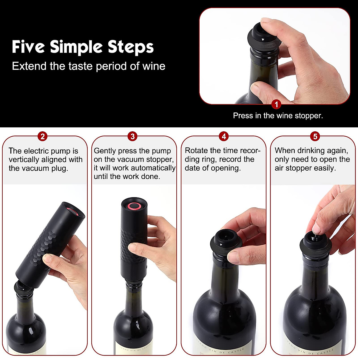 Winirina Automatic Wine Saver Pump Set for Red Wine with 4 Reusable Vacuum Bottle Sealer Stoppers USB Type-C Charging - Black