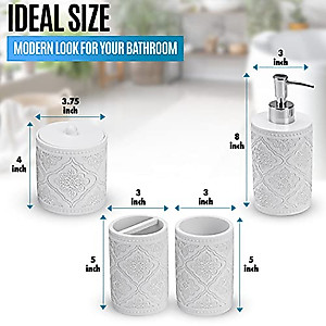 Kralix 4 Piece White Bathroom Accessories Set, Modern White Soap Dispenser Set, White Toothbrush Holder Set, Tumbler and Qtip Holder, Embossed White Bathroom Decor Accessory Set, Accesorios para Baño