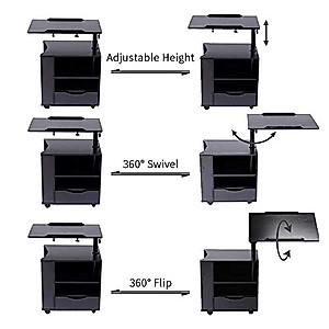 SIDUCAL Multi-Functional Wooden Bedside Table Height Adjustable & 360 Rotation Table top Rolling Laptop Desk Computer Table，Nightstand with Drawers, Black (Right Side) …