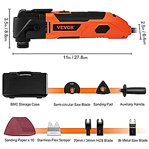 VEVOR Oscillating Tool 2.5A, 11000-22000 OPM 6 Variable Speeds Corded Oscillating Multi Tool with 3.1° Oscillating Angle, LED Light, 16PCS Saw Accessories & BMC Case for Cutting, Sanding, Grinding