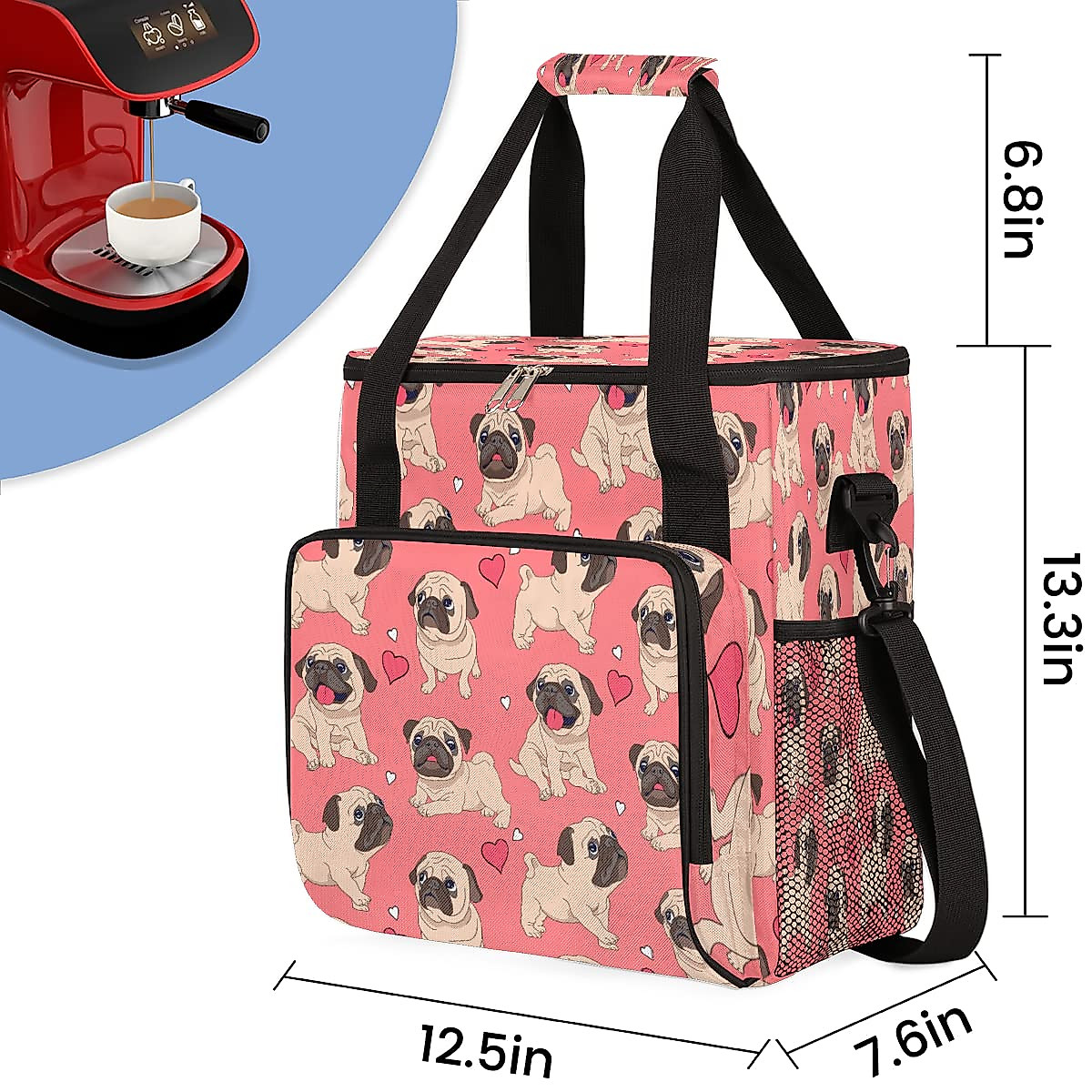 Pink Dog Pugs Puppies Coffee Maker Carring Bag Travel Storage Tote Bag Compatible with Keurig K-Mini or K-Mini Plus Portable Single Serve Coffee Brewer Case with Pockets for K-cup Pods