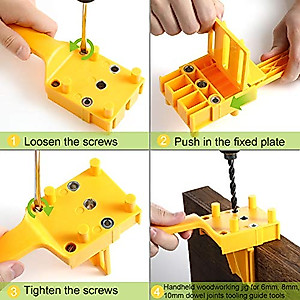 101 Pcs Handheld Woodworking Dowel Jig Kit Wood Dowel Drilling Guide Set for 1/4, 5/16, 3/8 Inch Drill Guide Metal Sleeve with Wood Dowel Pins Drill Bit Dowel Joints Drilling Guide Tools(Yellow)