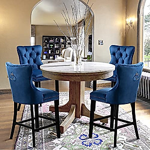 SICOTAS Bar Stools Set of 6 Stool Chair - Tufted Back Counter Stools for Kitchen Counter with Upholstered Velvet Cushion Barstools Nailhead Trim Wood Bar Height Chairs Stool for Pub Bistro 27.2'' Blue