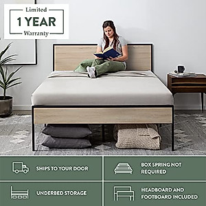 Edenbrook Bed Frame - Metal Platform Bed - Wood Headboard and Footboard - Box Spring Optional, Queen, White Oak