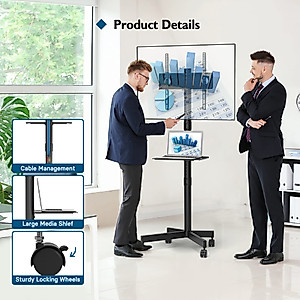Mobile TV Cart for 23-60 Inch LED LCD Flat Curved Panel Screens TVs, Rolling TV Stand with Wheels Holds Up to 55lbs, Height Adjustable Portable Floor Stand with Media Shelf Tray, Max VESA 400x400mm