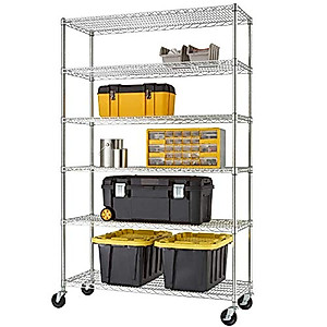 6-Tie Metal Storage Shelves, 48" x 18" x 72" Wire Shelving Unit w/Wheels, 6000 LBS Heavy Duty Industrial Utility Steel Storage Rack, NSF UltraDurable Shelf Organizer Racks for Garage Kitchen Storage