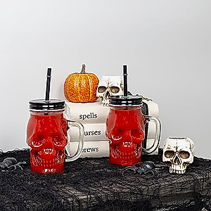 Darware Skull Mason Jar Mugs (Set of 4); Clear 12oz Glasses with Reusable Straws