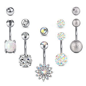 FECTAS 14g Belly Button Rings with Replacement Tops Balls Surgical Steel CZ Navel Ring Barbell for Women Body Piercing Jewelry Rose Gold Silver