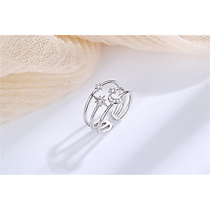 CZ Crescent Moon Star Multi Layered Small Open Rings for Women Girls Shiny Cubic Zirconia Stacking Statement Promise Finger Knuckle Pinky Rings for Wife Girlfriend Anniversary Bff Birthday Xmas