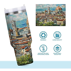 ALAZA Italy Florence Cathedral 30 oz Tumbler Water Bottle with Straw Lid and Handle,Reusable Insulated Stainless Steel Cup for Women Men Travel Car Cup Holder