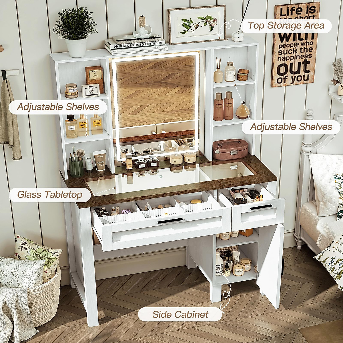 usikey Farmhouse Makeup Vanity Desk with Mirror and Lights, Glass Tabletop Makeup Vanity with Adjustable Shelves, Vanity Table Set with 2 Drawers and Side Cabinet for Bedroom, White