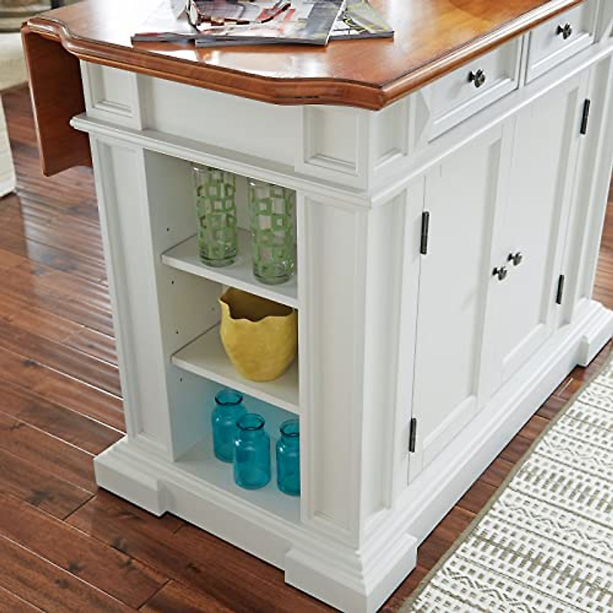 Homestyles Americana Kitchen Island with Wood Top and Drop Leaf Breakfast Bar, Storage with Drawers and Adjustable Shelves, 50 Inch Width, 49.75 inches, White and Oak