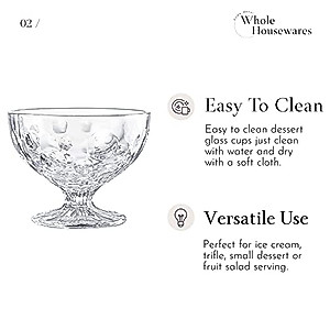 WHOLE HOUSEWARES | Glass Dessert Bowls | Set of 4 Unique Mini Trifle Footed Cups | 8 Ounce Clear Glass | Salad/Ice Cream Sundae Cups