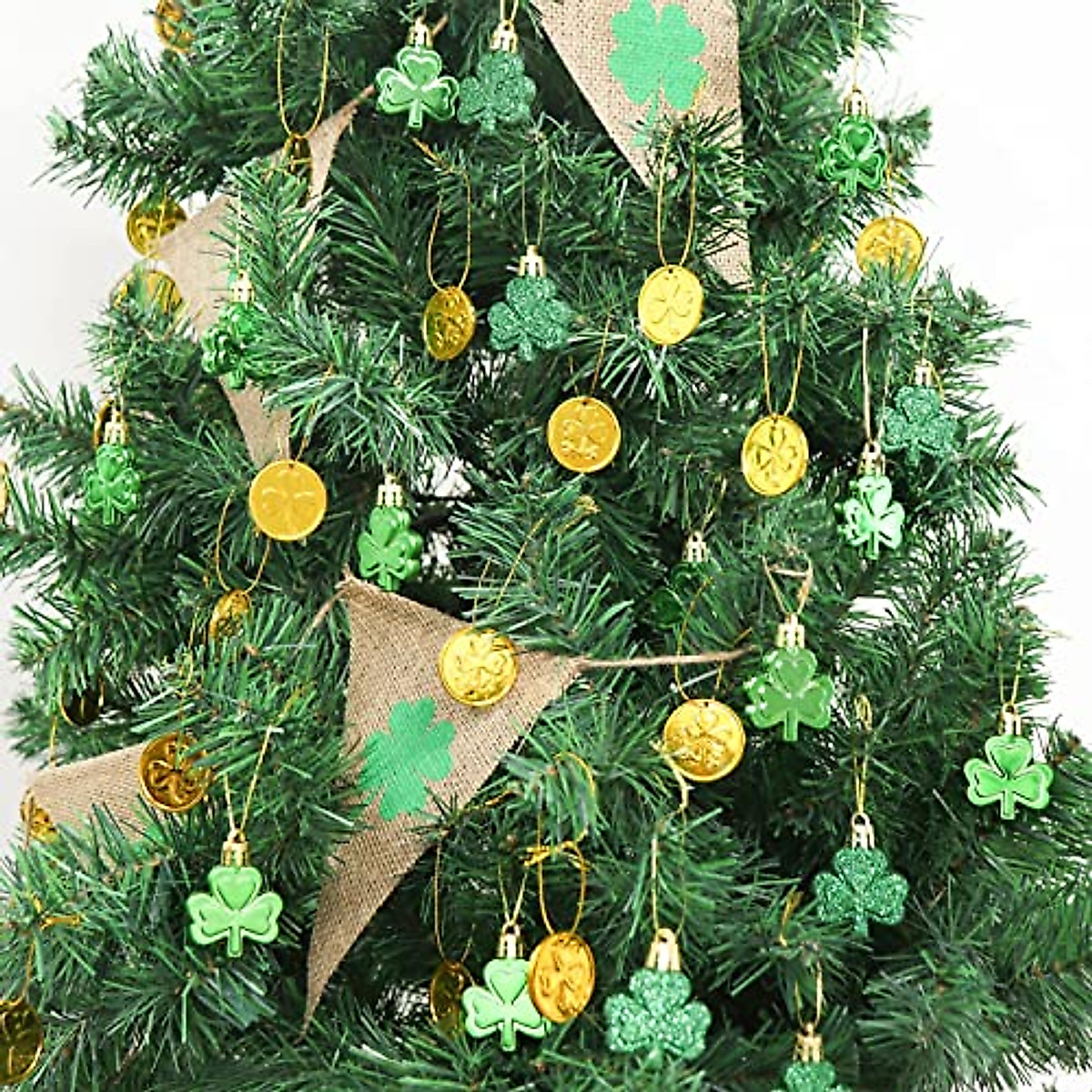 Bunny Chorus 48pcs St Patricks Day Decorations Shamrock Ornaments and Gold Coins for Tree, Good Luck Clover Coins Hanging Decorations for Home School Office Irish Festival Party Supplies, 4 Style