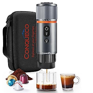 CONQUECO Portable Espresso Coffee Machine: 12V Electric Small Travel Expresso Maker - Self Heating 8 Cups Battery Powered Compatible for Nespresso Capsule - for Camping RV Hiking Office (w/Handbag)