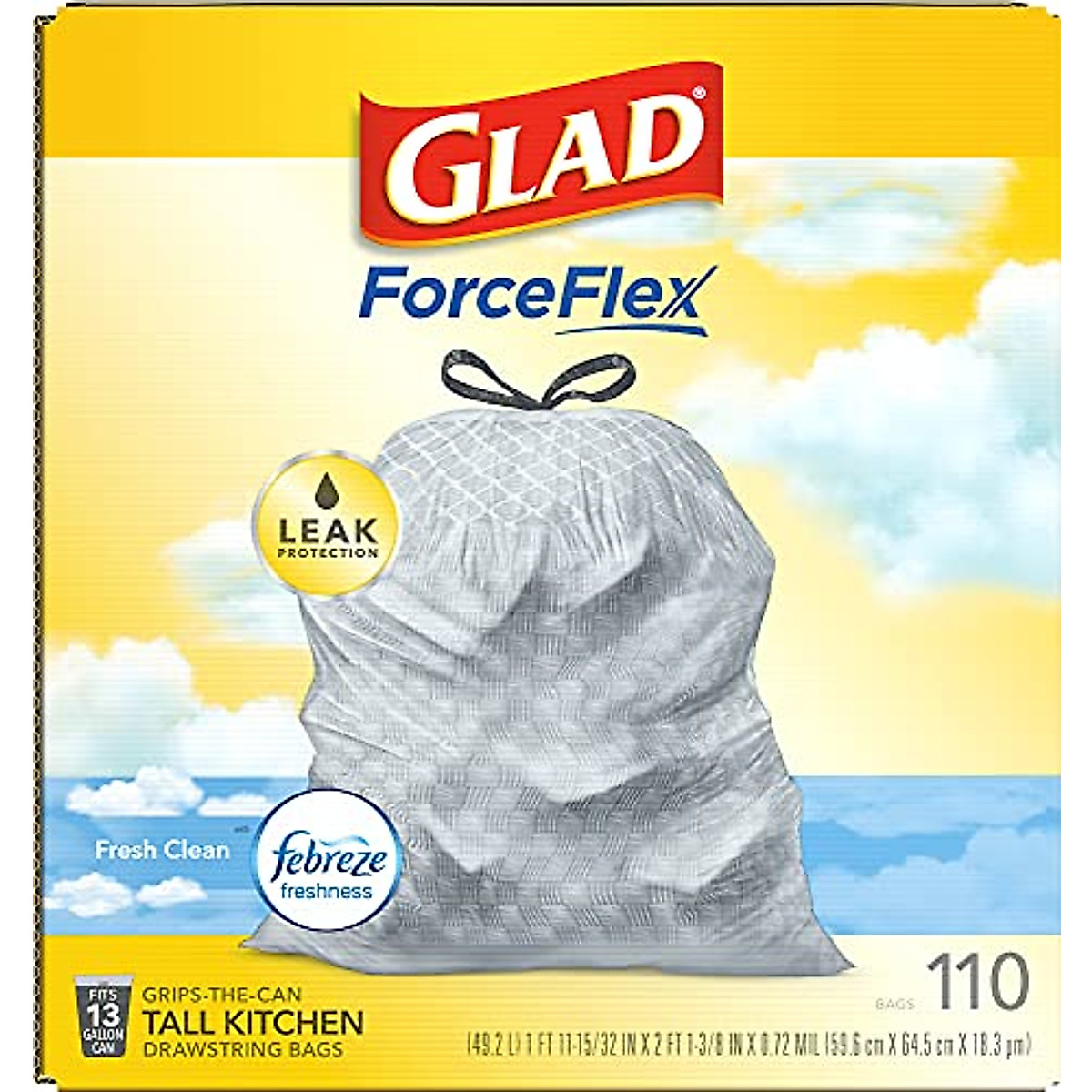 Glad Tall Kitchen Drawstring Trash Bags - Odorshield 13 Gallon White Trash Bag, Febreze Fresh Clean, White, Not Applicable, Febreze - Fresh Clean, 110 Count