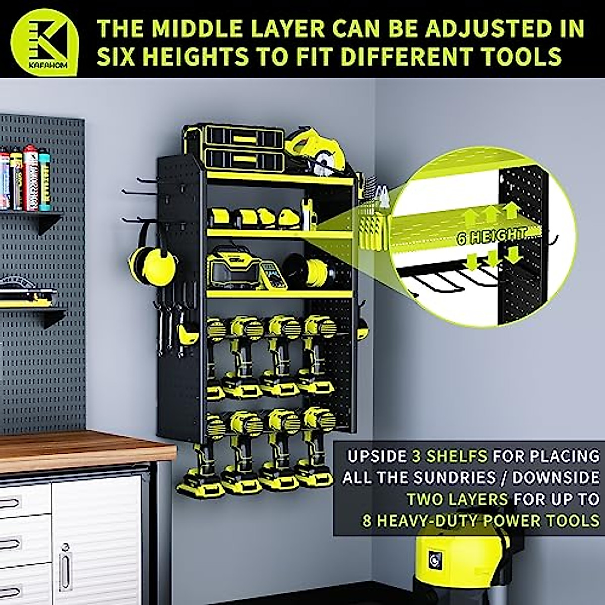 KAFAHOM Power Tool Organizer, Large 8 Drill Holder Wall Mount with 2 Side Pegboards,5 Layer Heavy Duty Metal Tool Storage Rack, Tool Shelf for Garage Organization, Utility Battery Shelves - Green