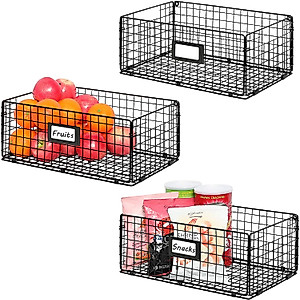 X-cosrack Foldable Cabinet Wall Mount Metal Wire Basket Organizer Pantry Basket with Handles - 3 Pack -16" x 9 1/2" X 6", Food Storage Mesh Bin for Kitchen Bathroom Laundry Closet Garage Patent Design