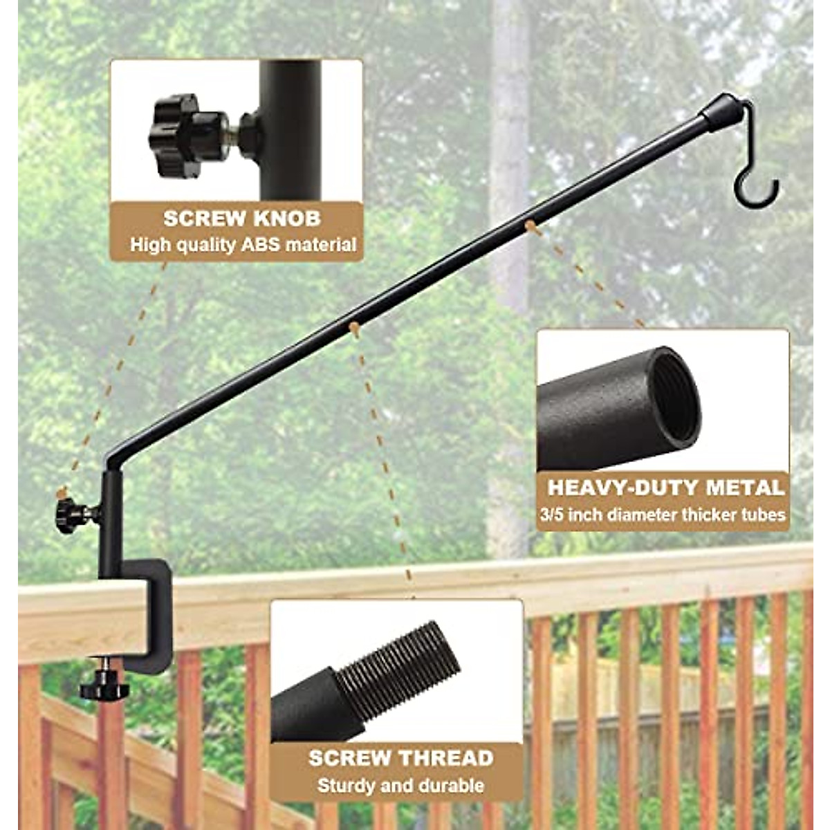 Tuohours 38 Inch Extended Reach Deck Hook Hanger for Railing, Heavy Duty Outdoor Plant Hook Holder for Hanging Bird Feeder Flower Basket Planter or Lanterns, 1 Pack