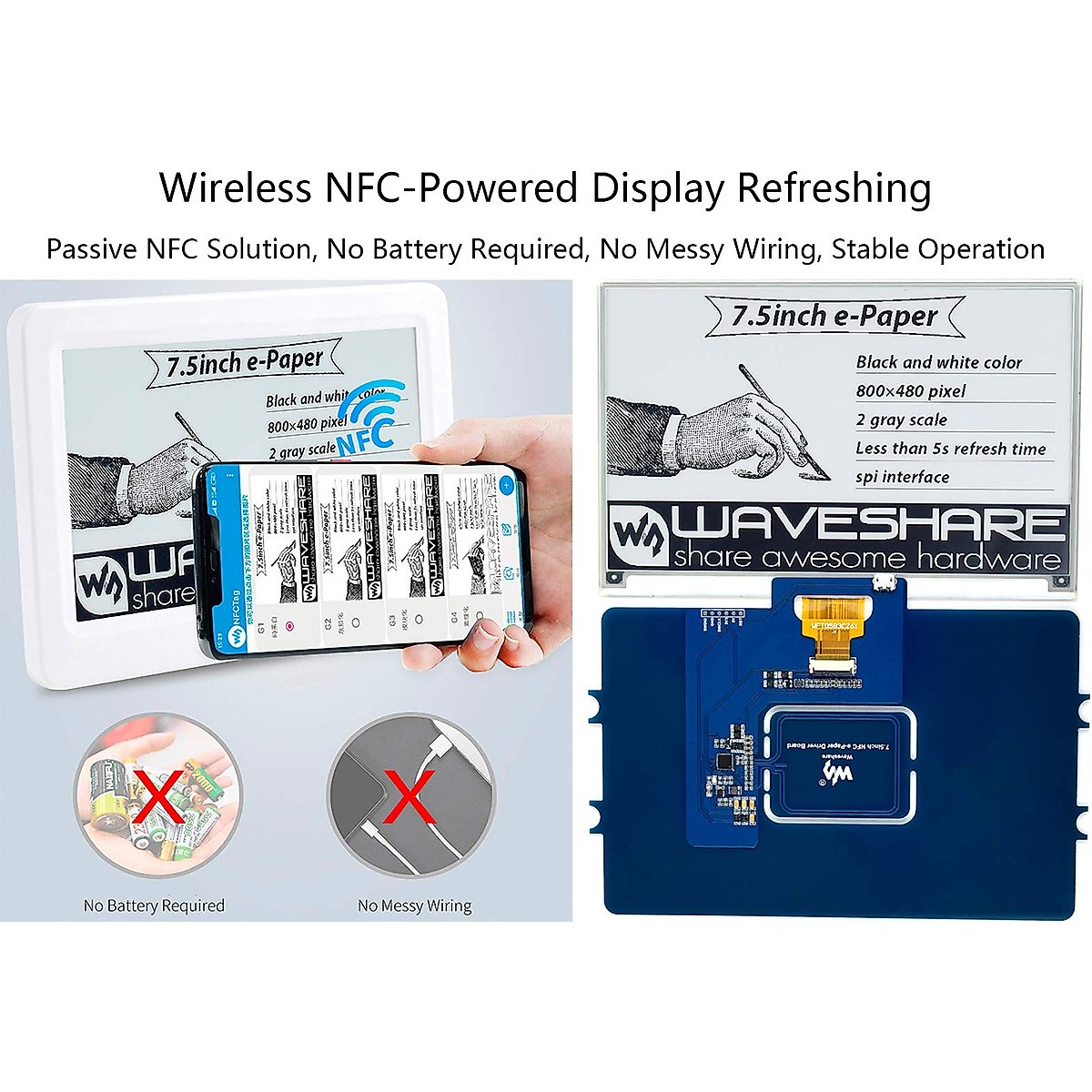 Waveshare 7.5inch Passive NFC-Powered e-Paper No Battery Required No Messy Wiring Novel Passive NFC Tech Wireless Powering & Data Transfer APP Provided 800X480 Pixel,Black& White Color