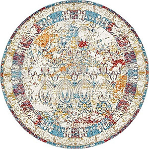 Unique Loom Rosso Collection Vintage, Traditional, Distressed, Bohemian, Botanical, Southwestern Area Rug, Round 8' 0" x 8' 0", Multi/Blue