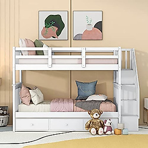 Full Over Full Bunk Beds with Drawers and Stairs Wood Bunk Bed Frame with Storage for Kids Teens Adult, Detachable Bunked for Boys Girls Women Men, White