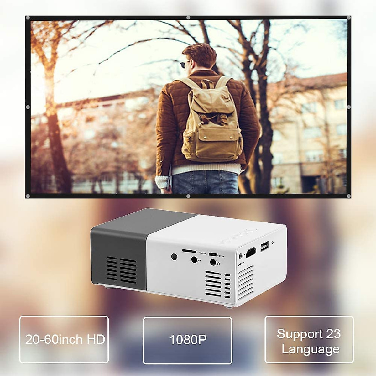 Mini LED Projector , Mini Private Home Theater Portable LED Projector Support 1080P HD HDMI Multimedia Player Clear Stereo Sound for Outdoor Recreation , Entertainment Venues Black White