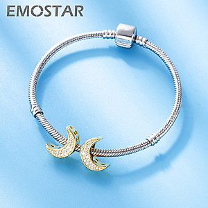 Gold Plated Sparkling Crescent Moon Charms fits Pandora Valentines Bracelet, 925 Sterling Silver Reflexions Crescent CZ Night Sky Beads, Gifts for Christmas/Sister/Girlfriend