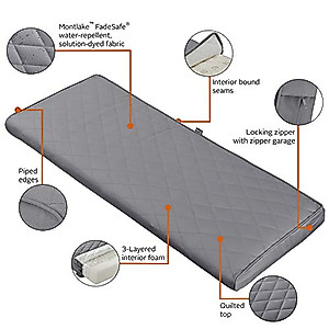 Classic Accessories Montlake Water-Resistant 48 x 18 x 3 Inch Outdoor Quilted Bench Cushion, Patio Furniture Swing Cushion, Grey, Patio Loveseat Cushion