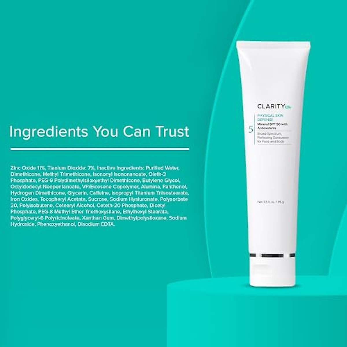 ClarityRx Physical Skin Defense Tinted Mineral SPF 50 Moisturizing Sunscreen, Natural Plant-Based Water-Resistant UV Protection with Zinc & Hyaluronic Acid for Face & Body (3.5 oz)