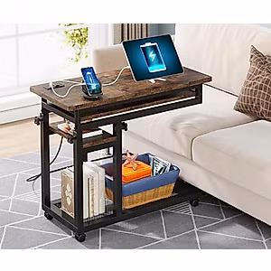 Tribesigns Small Portable Desk with Power Outlet, Height Adjustable Sofa Couch Bedside Laptop Table with Wheels, Mobile Standing Desk Rolling Computer Cart C Side Table with USB Ports
