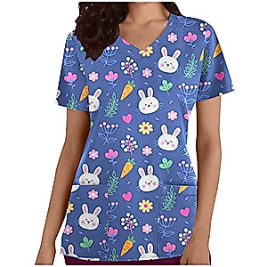 Scrub Tops for Women Easter Bunny Eggs Working Uniform Stretchy Scrub Dressy Cute Top Plus Size V Neck Tunic Undershirt Blue