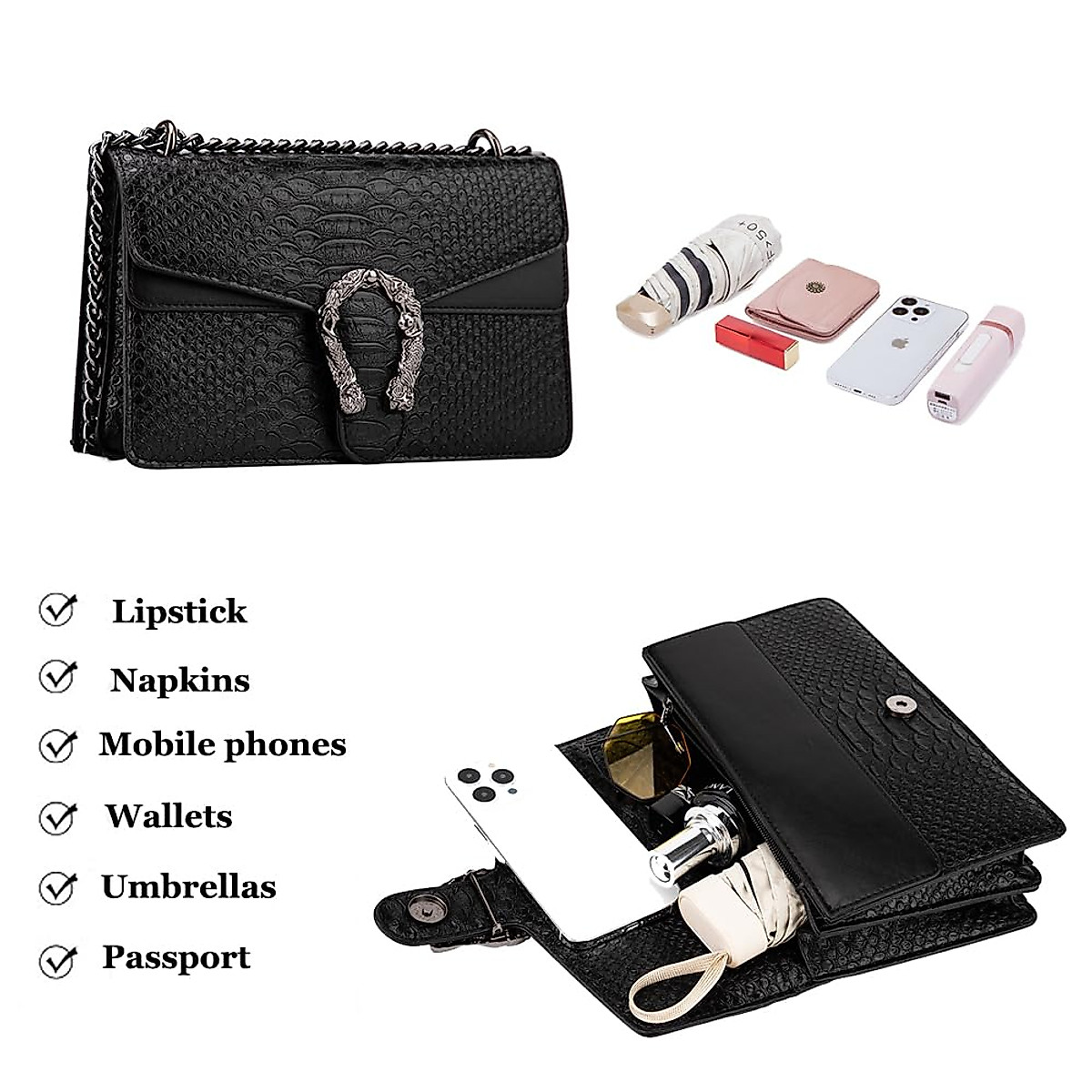 JBB Women's Crossbody Shoulder Bag Retro Snakeskin Solid Color Chain Strap Clutch Leather Bag Black