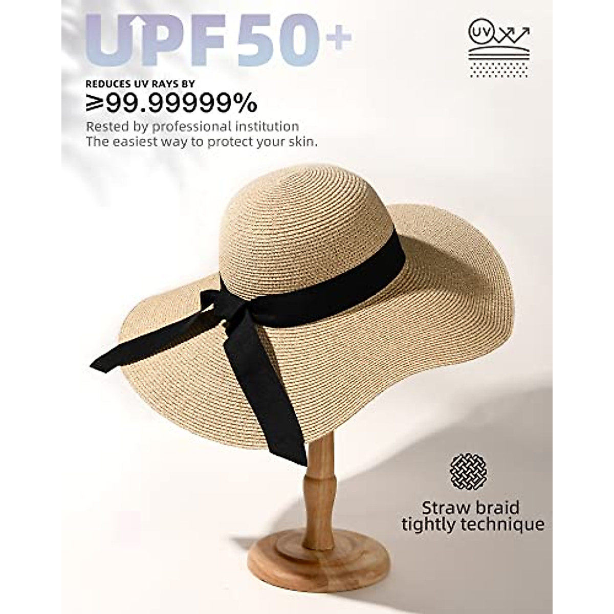Sun Straw Hat Wide Brim UPF 50 Summer Foldable Roll up Floppy Beach Hats for Women